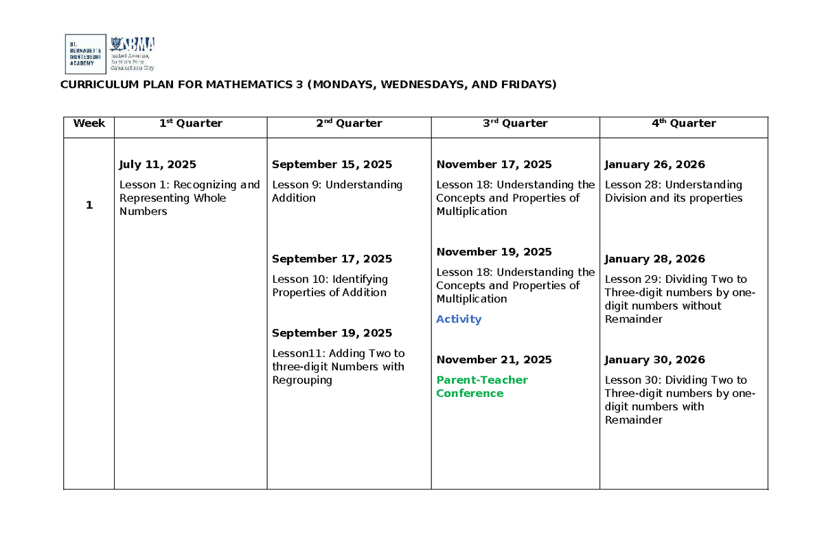 Mathematics 3 Curriculum Plan 2025-2026: Weekly Lessons & Assessments ...
