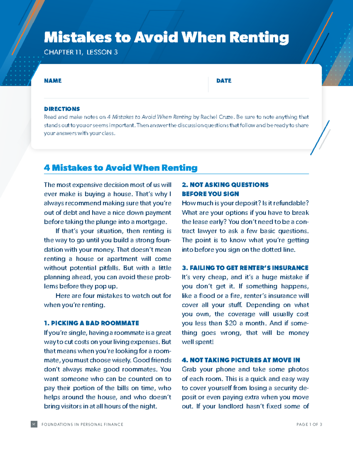 Personal Finance Foundations: CH11 L3 - Rental Mistakes to Avoid - Studocu