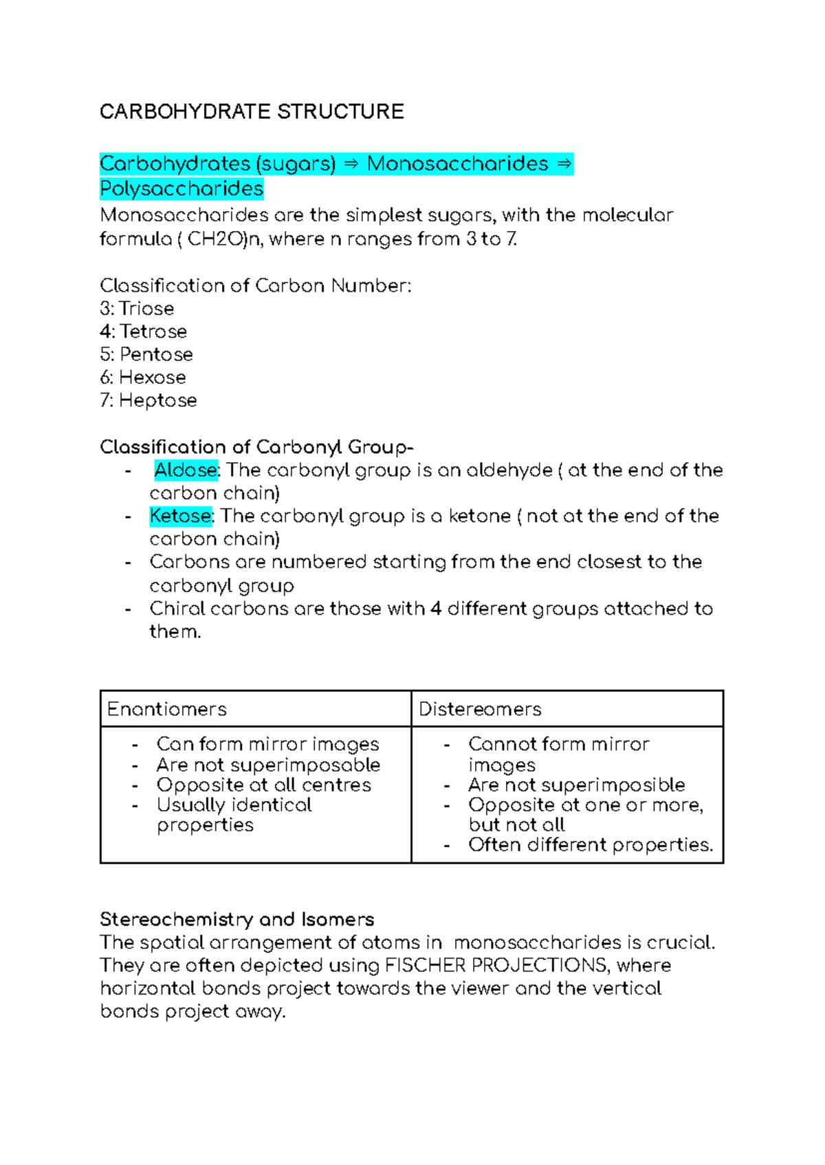 Biochem 101: Carbohydrate Structure - Lecture Notes - Studocu