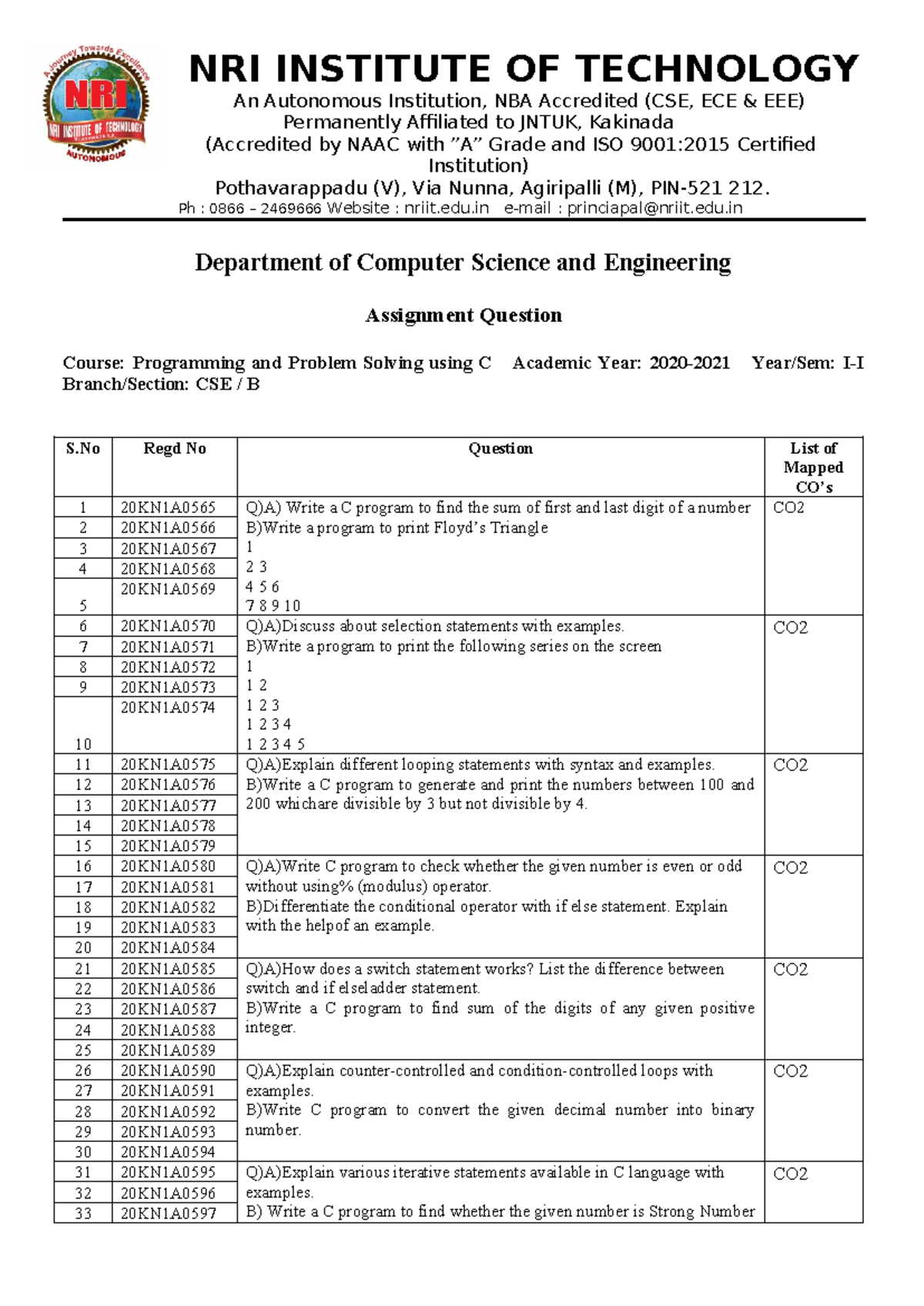 Programming and problem solving using C assignment questions (CSE B ...