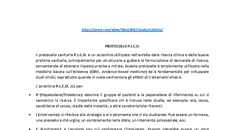 Protocollo P.I.C. per la Ricerca Clinica in Infermieristica - Studocu