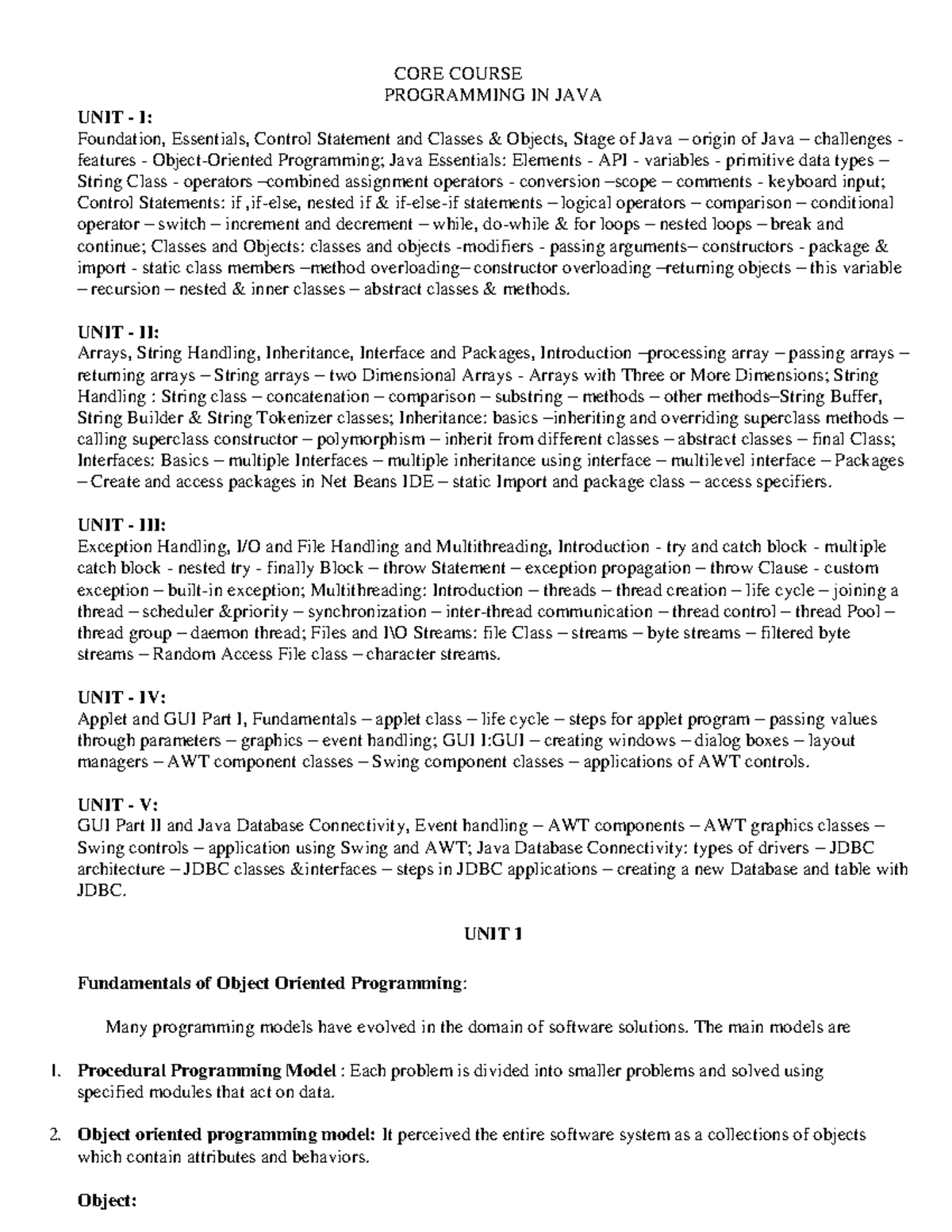 Java Programming Fundamentals and Core Concepts (Course Code: CSE101) - Studocu