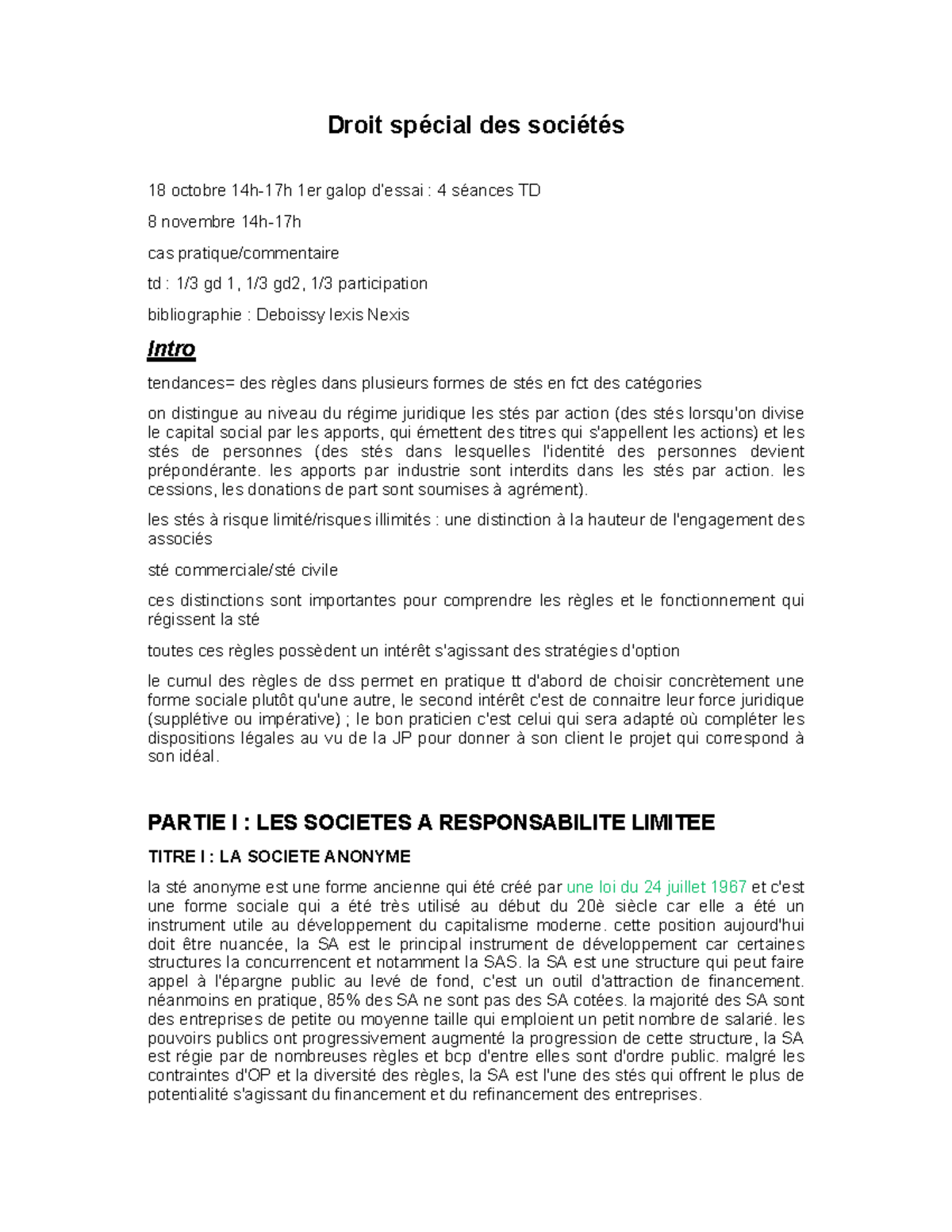 CM Droit spécial des sociétés : Notes de cours et TD sur la SA - Studocu
