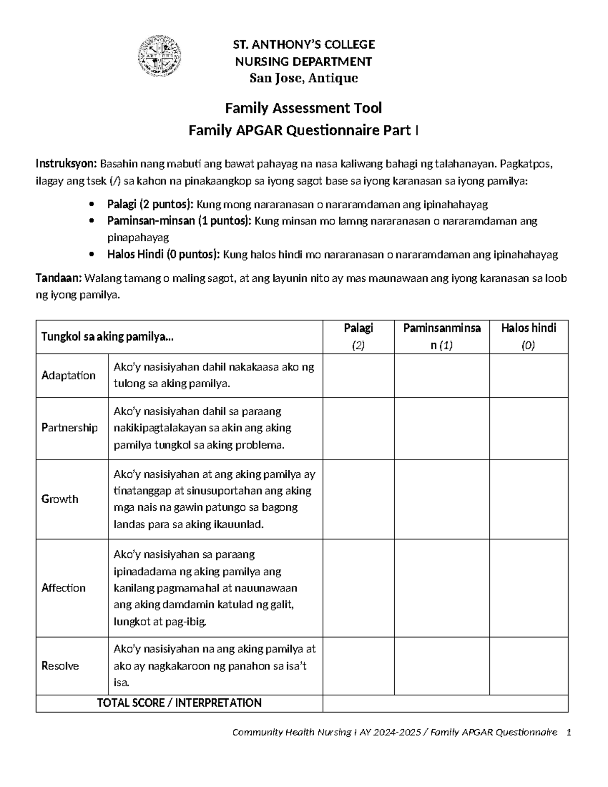 Family APGAR Assessment Tool for Community Health Nursing I AY 2024-2025 - Studocu