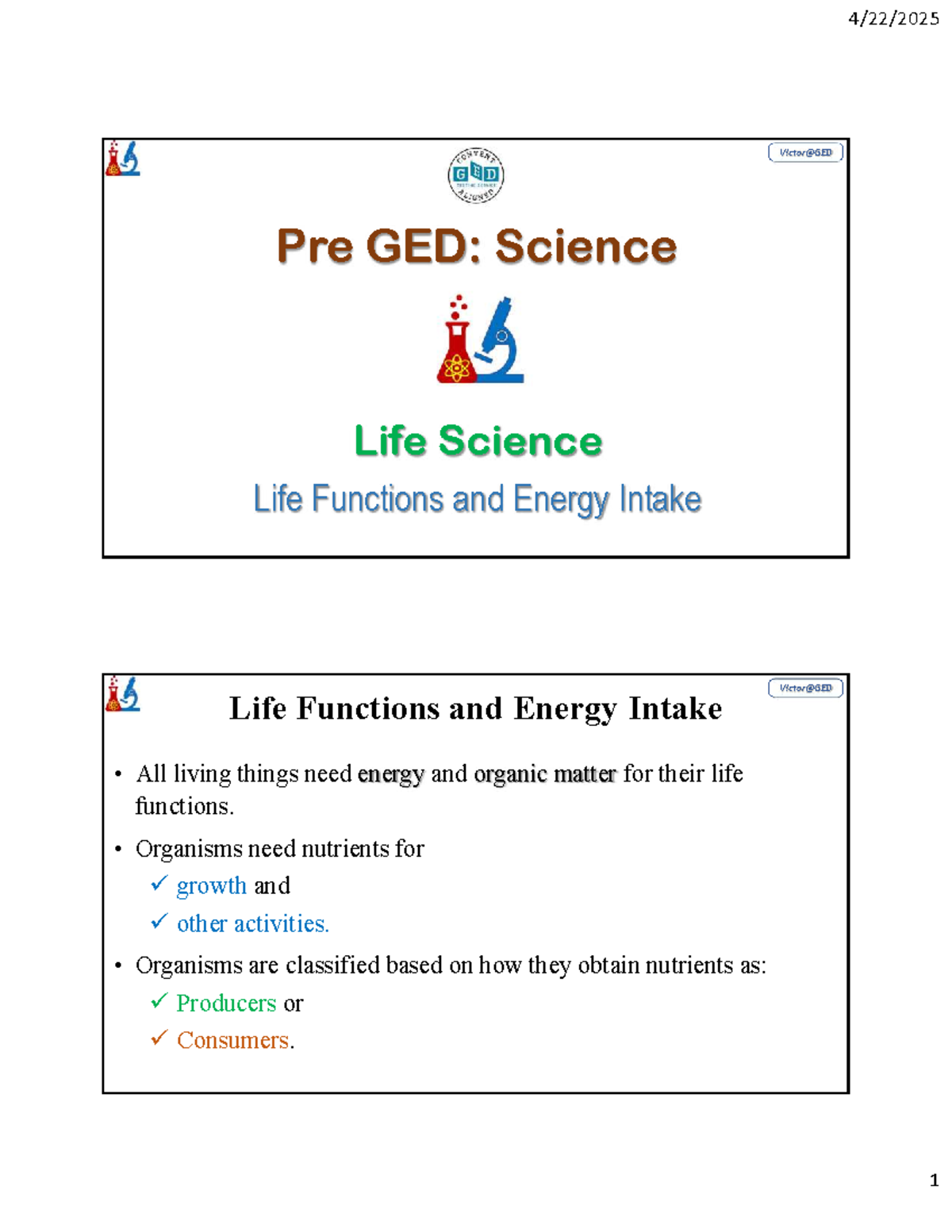 Pre GED: Life Science - Functions & Energy Intake Overview - Studocu
