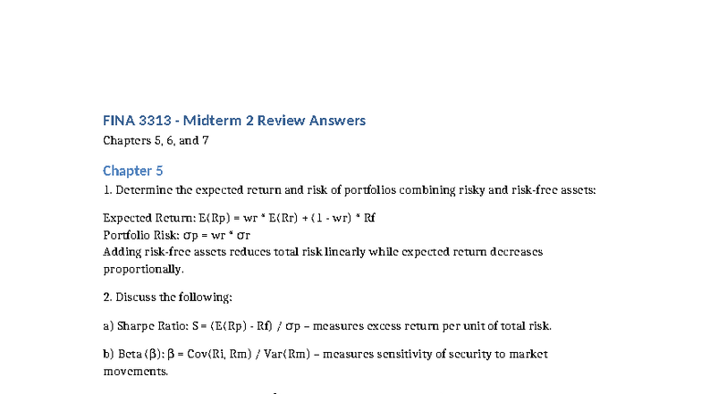 FINA 3313 Midterm 2 Review: Key Concepts from Chapters 5-7 - Studocu