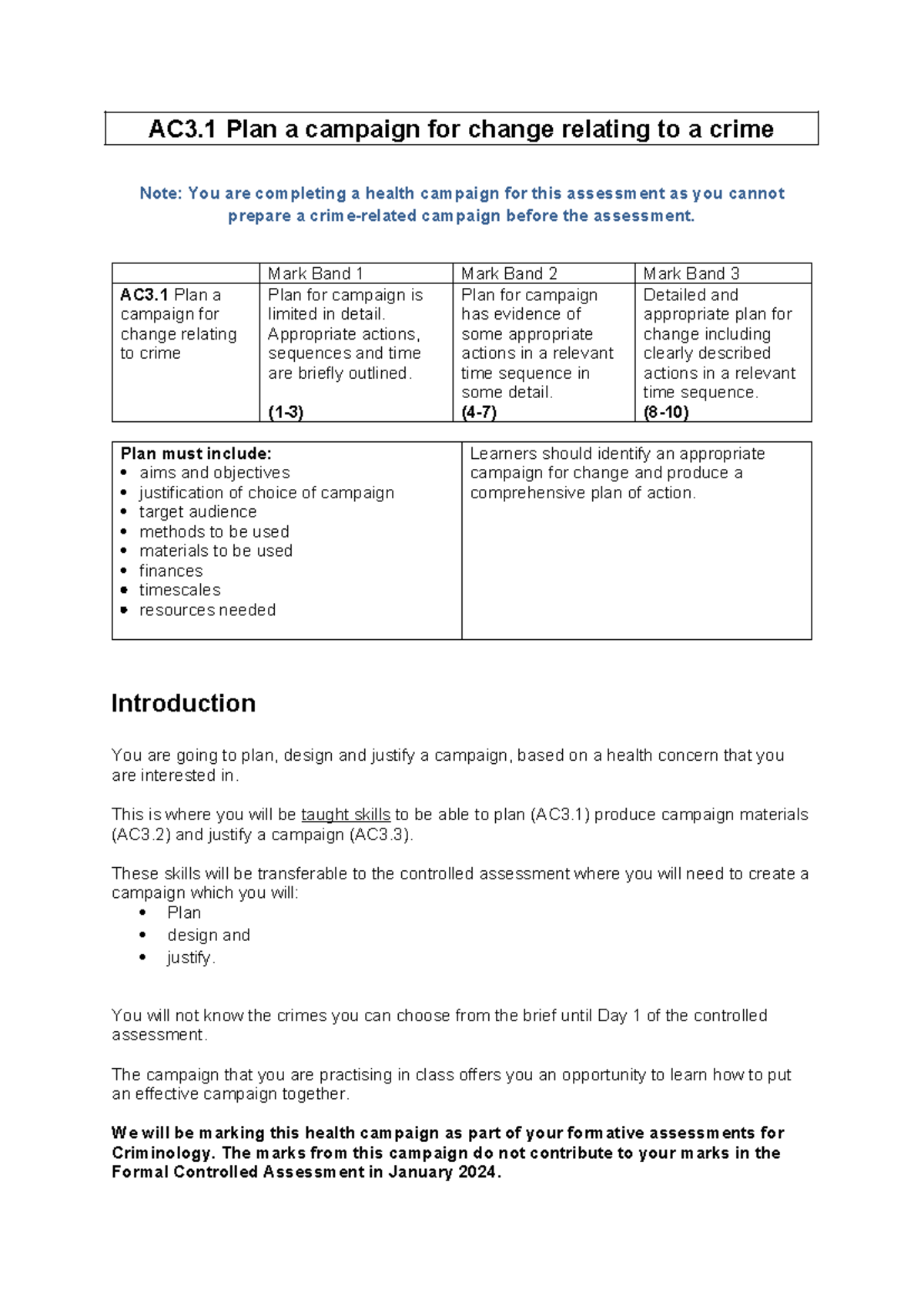 AC3.1 Health Campaign Plan for Change Related to Crime - Studocu