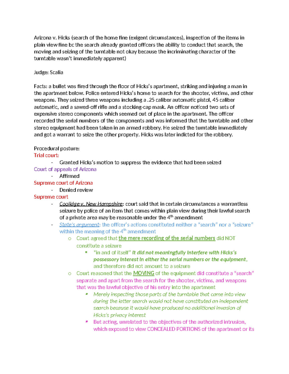 Arizona v. Hicks - case brief on exigent circumstances and plain view ...