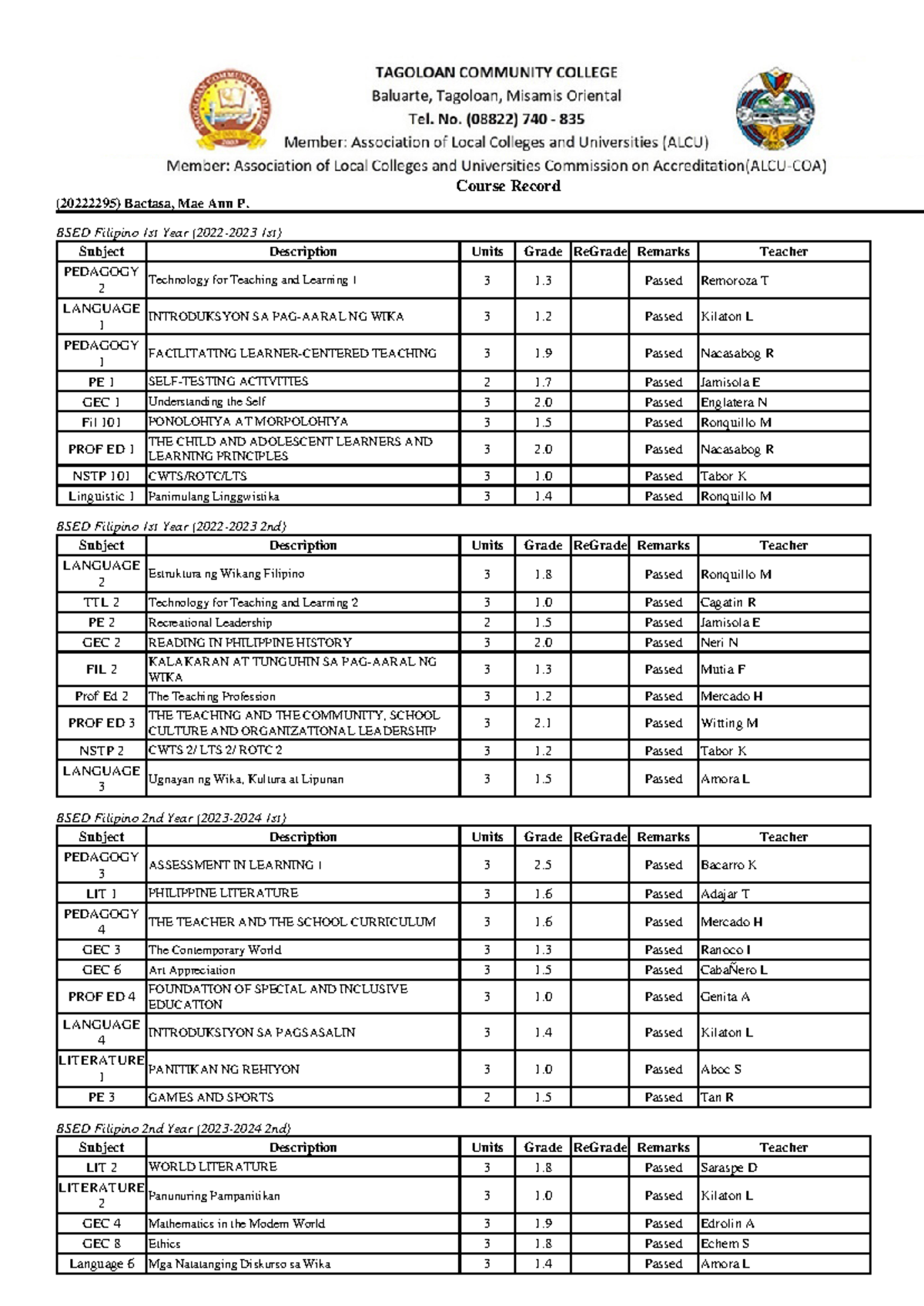 BSED Filipino Course Record: 1st & 2nd Year Overview - Studocu