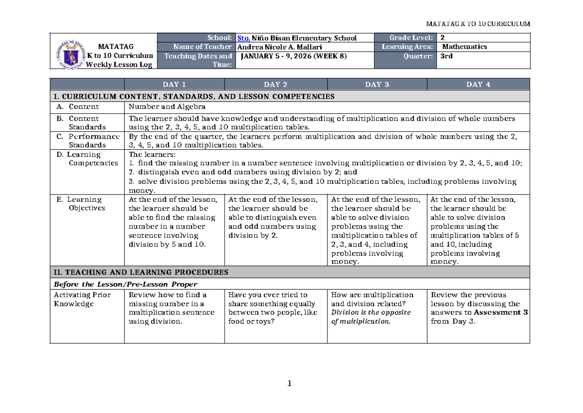 DLL - Matatag Mathematics 2 Q3 Week 8 Lesson Log - Studocu