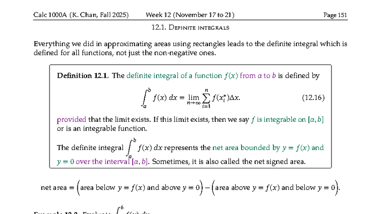 Calc 1000A F25 Week 12 Lecture Notes: Definite Integrals Explained ...