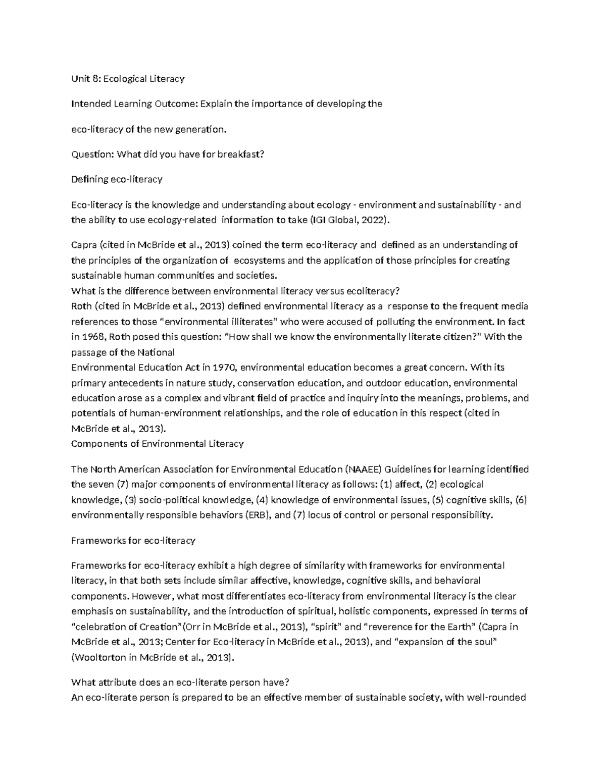 Unit 8: Ecological Literacy and Its Role in Sustainable Education ...