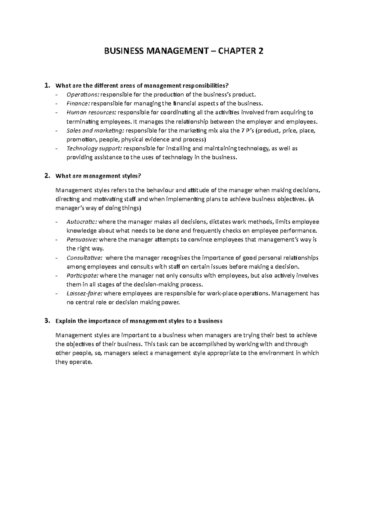 Business Management chapter 2 - BUSINESS MANAGEMENT – CHAPTER 2 1. What ...