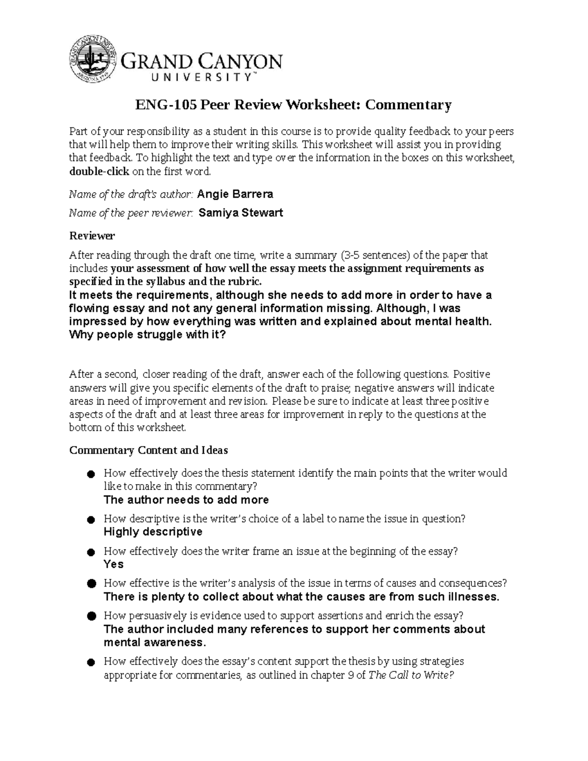 ENG105 Commentary Peer Review Worksheet - ENG-105 Peer Review Worksheet ...