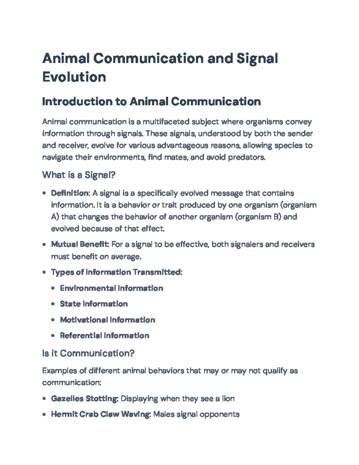Animal Communication (BIO 101): Signals, Evolution, and Function - Studocu