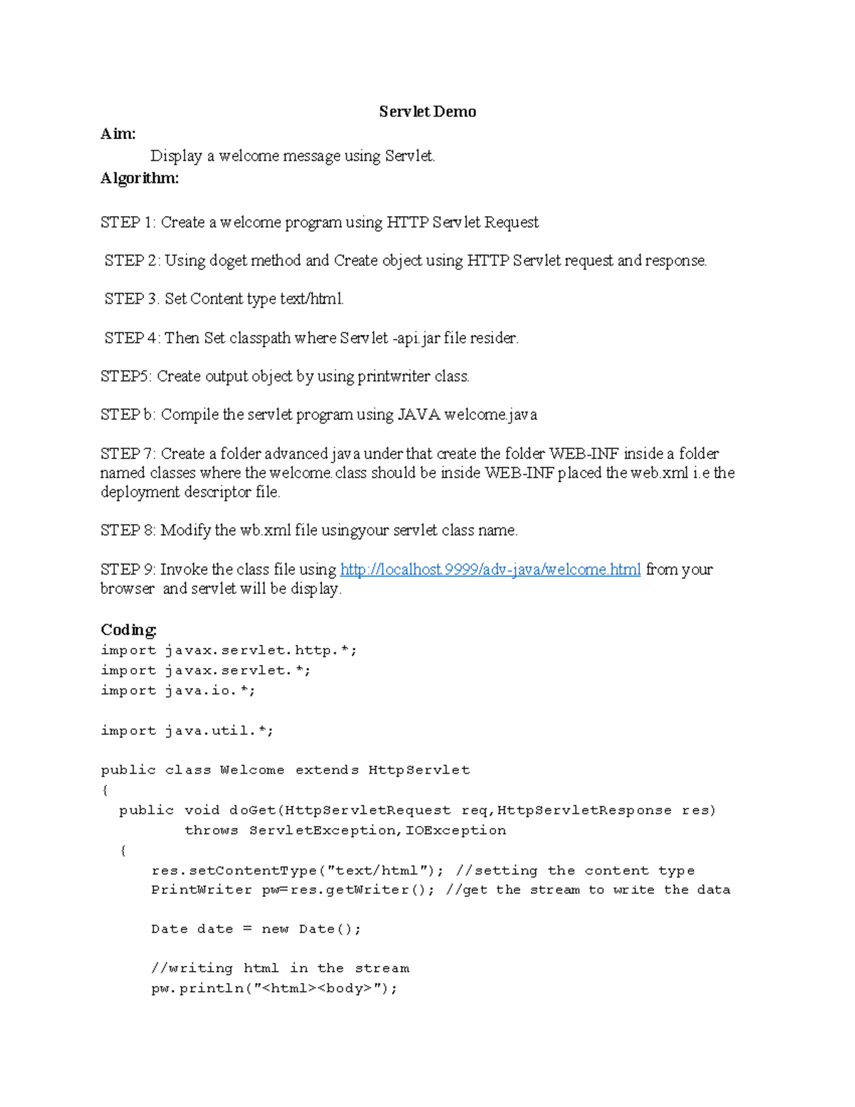 Advanced Java (CS101) Servlet Program: Welcome Message Demo - Studocu