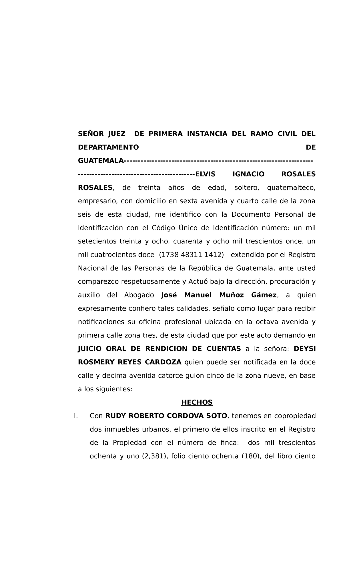 Demanda Juicio Oral Rendición de Cuentas - Caso Elvis I. Rosales - Studocu