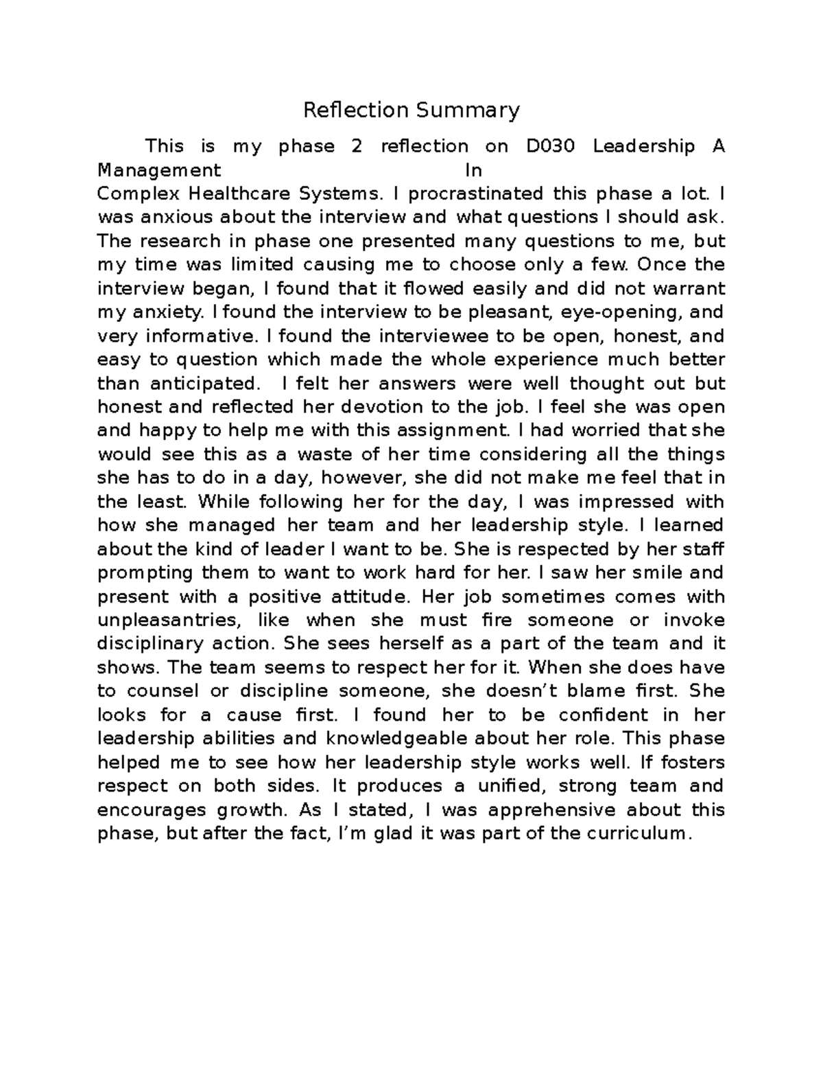 Reflection Summary - phase 2 - Reflection Summary This is my phase 2 ...