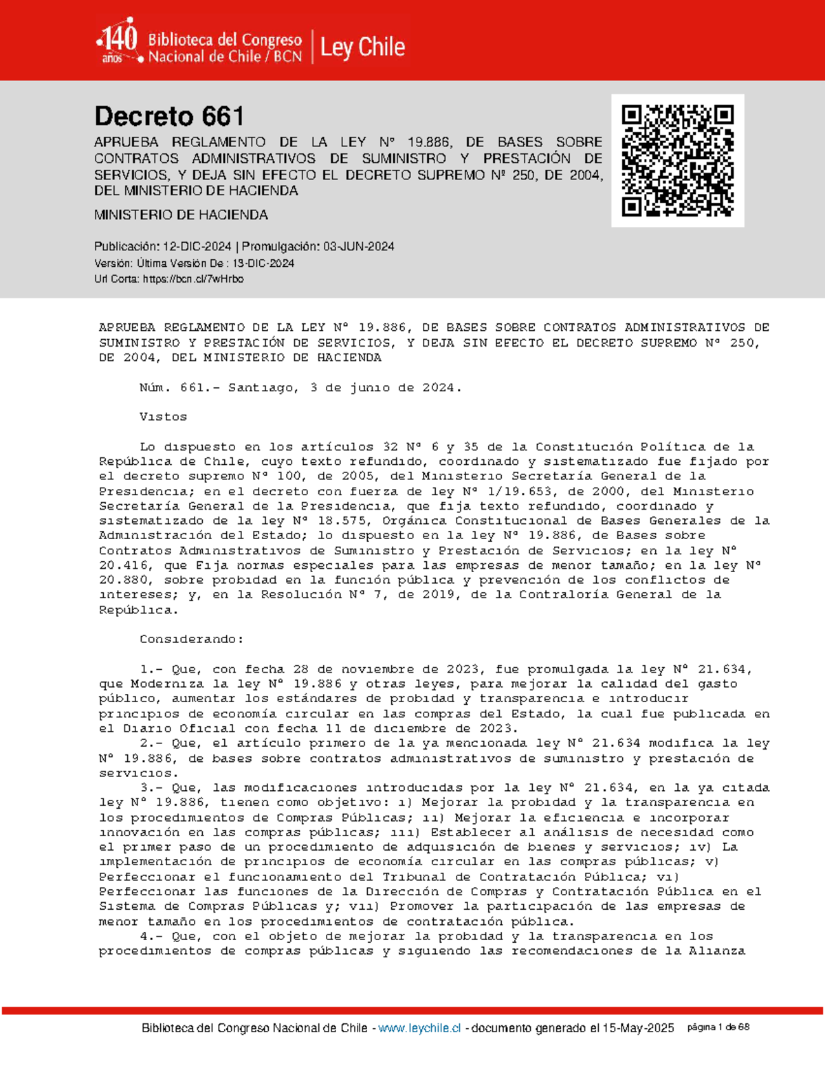 Decreto 661, HACIENDA (2024): Reglamento Ley 19.886 sobre Contratos - Studocu