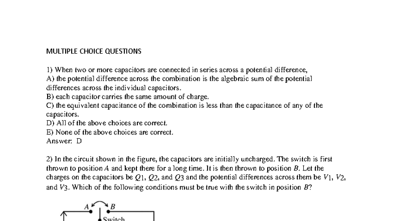Past Exam A - Test: Multiple Choice Questions on Capacitors and ...