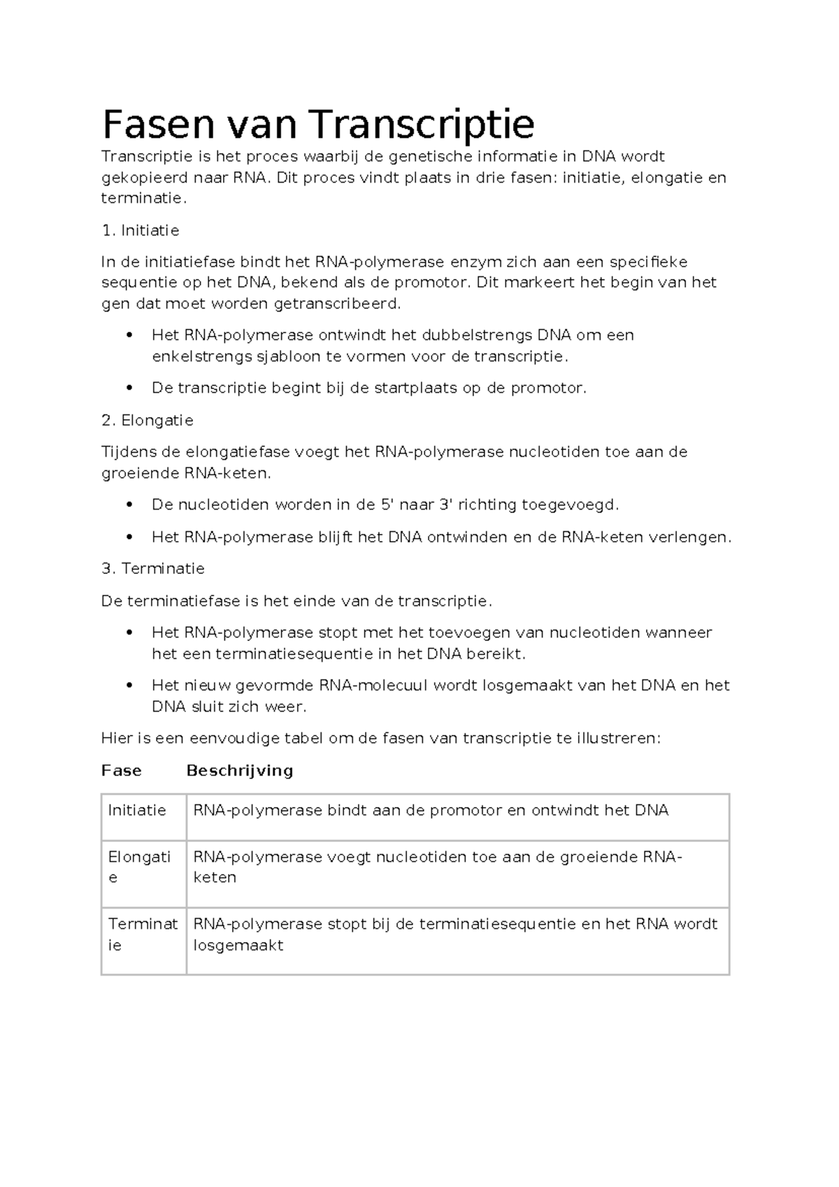 Fasen van Transcriptie: Initiatie, Elongatie en Terminatie Uitleg - Studocu