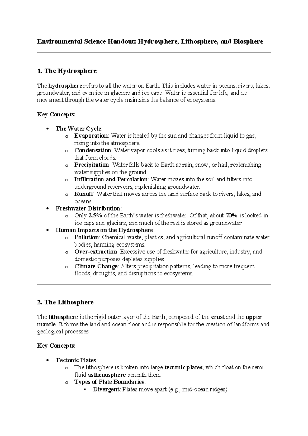 Environmental Science Handout: Hydrosphere, Lithosphere, Biosphere 1 ...