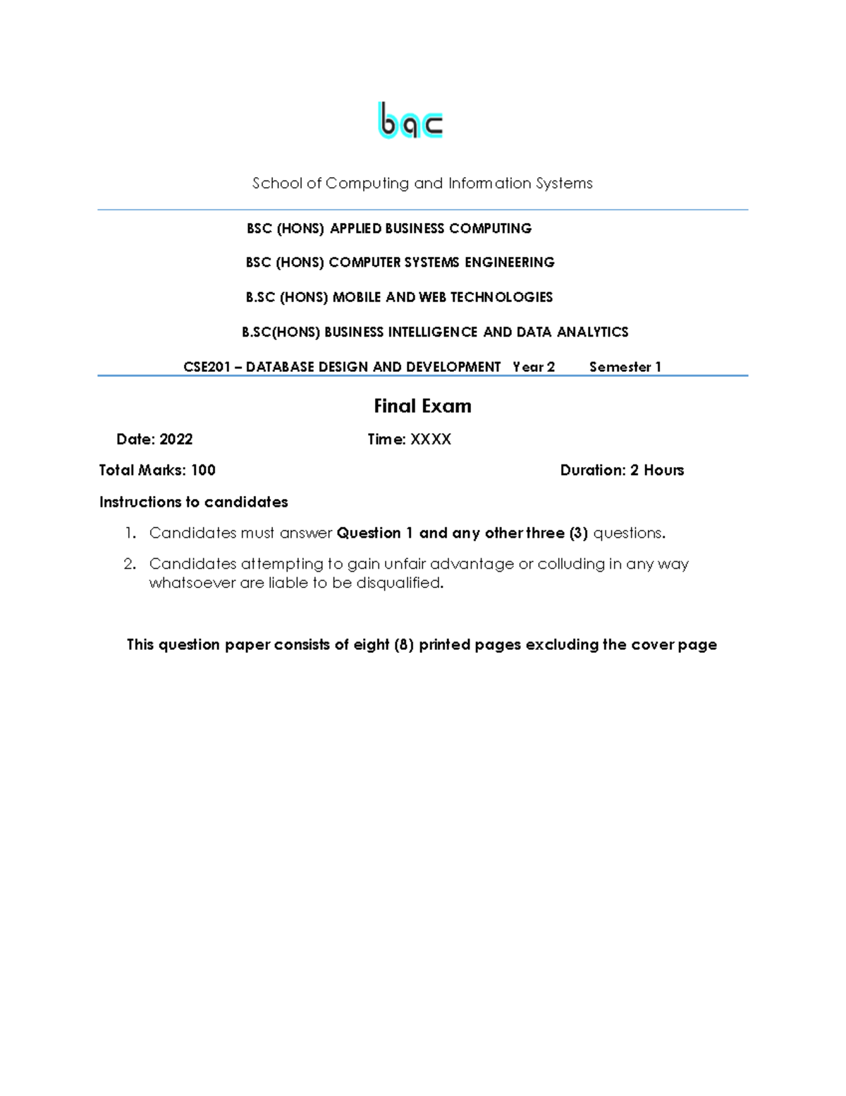 CSE201 Final Exam 2022 Marking Guide for Database Design & Development - Studocu