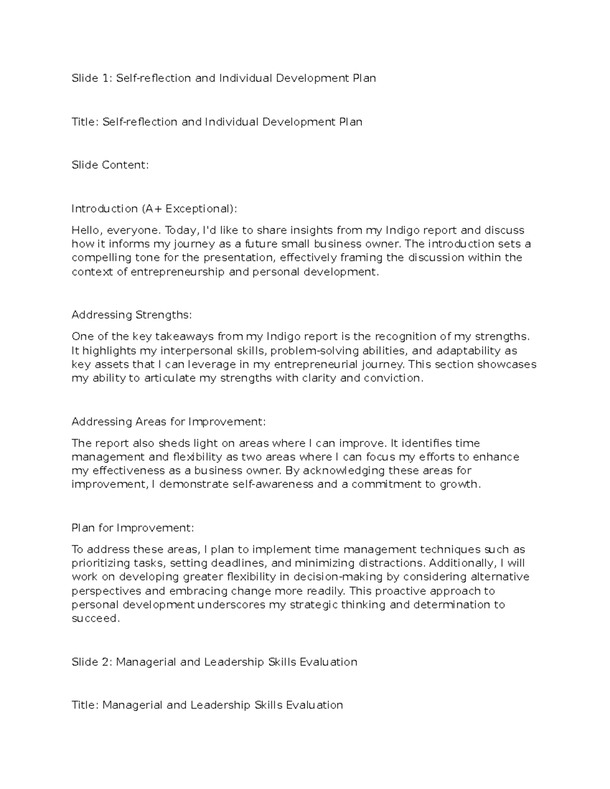 Small Business Indigo Assessment: Self-Reflection Development Plan ...