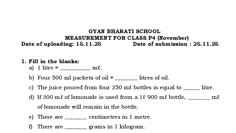 Measurement Exercises for Class P4 (ASM 20899) - Studocu