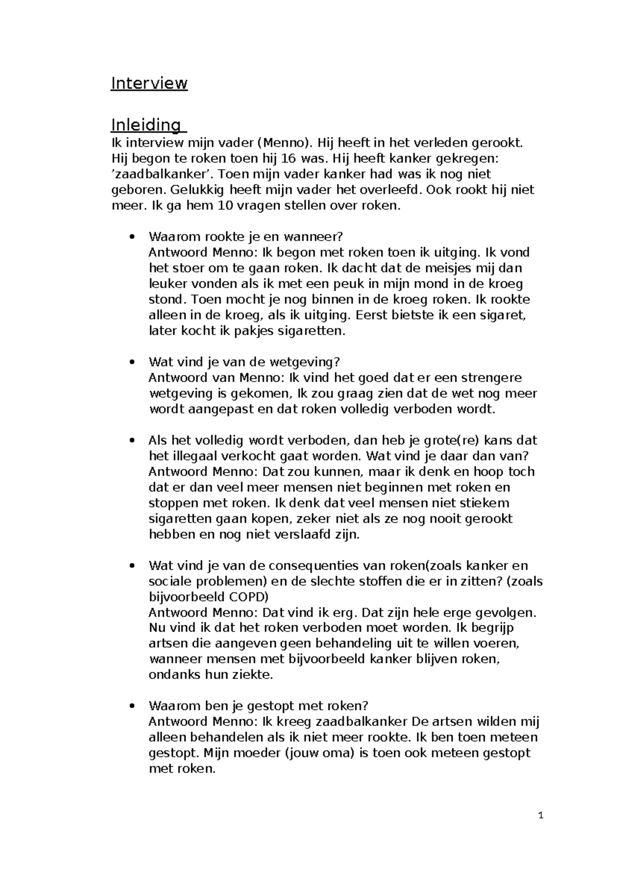 Interview Vragen over Roken met Menno - BIO Document - Studeersnel