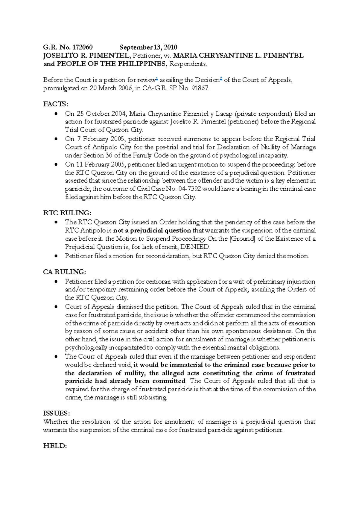 G.No. 172060 - Case Summary on Parricide and Securities Violations ...