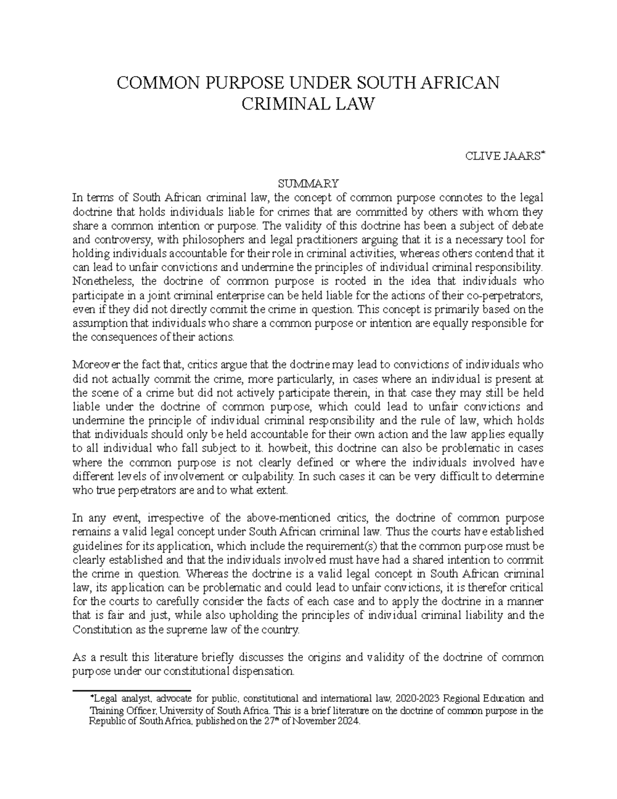 Common Purpose in South African Criminal Law: A Critical Analysis - Studocu