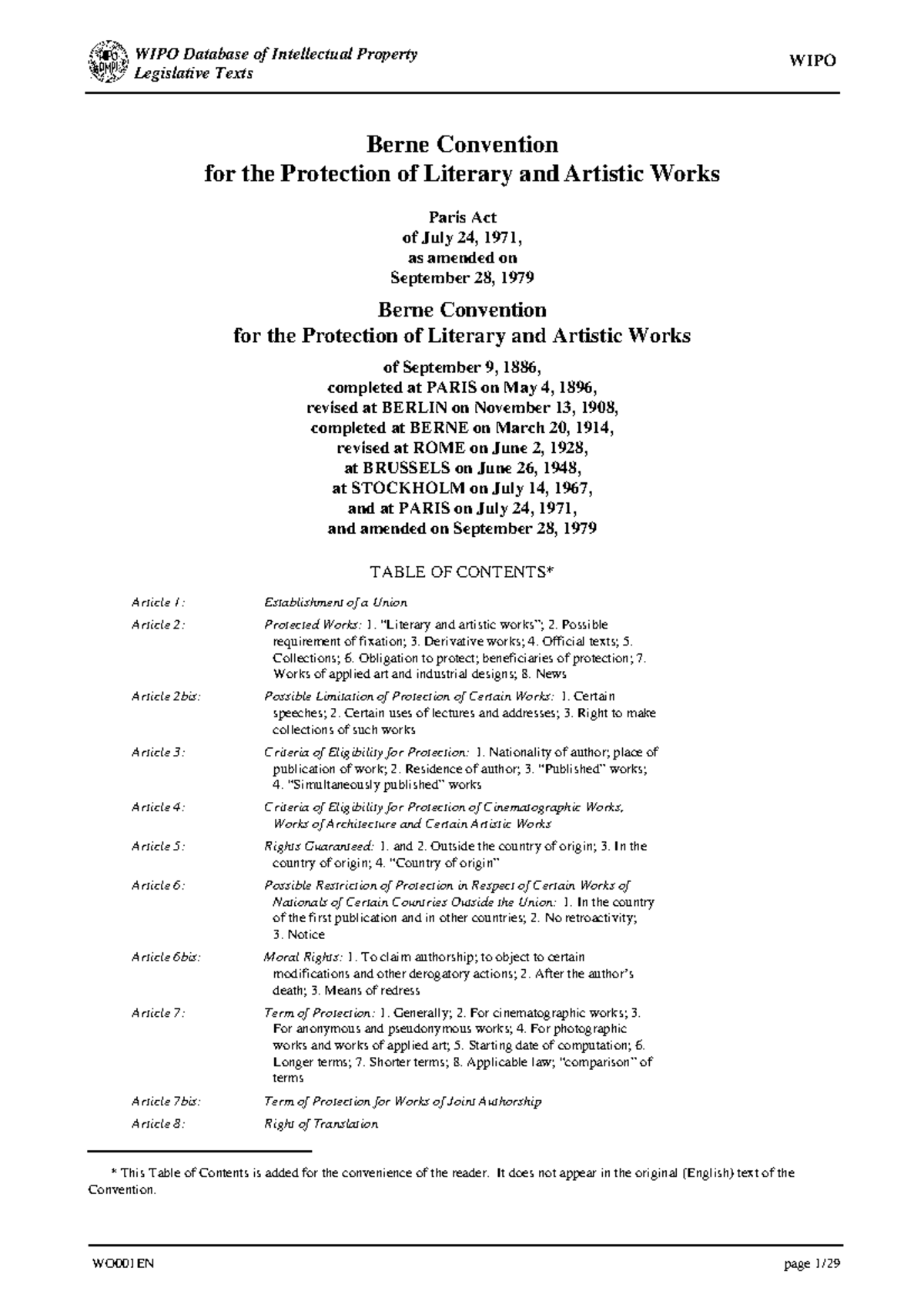 Berne Convention on Literary and Artistic Works: Legislative Texts ...