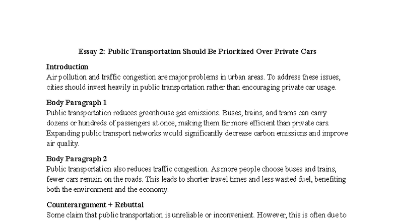 Essay 2: Prioritizing Public Transportation Over Private Cars (CTD2 ...