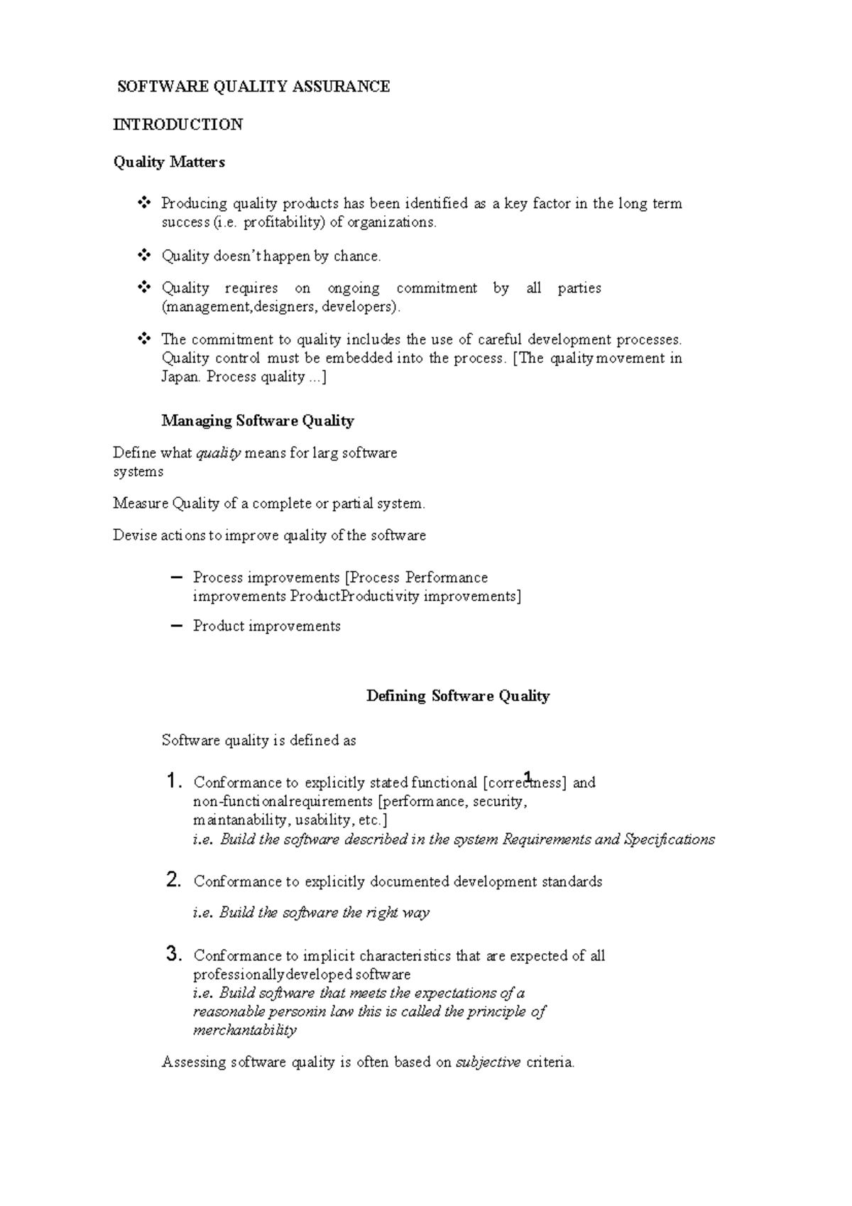 SOFTWARE QUALITY ASSURANCE (SQA) INTRODUCTION: Key Concepts and Metrics - Studocu