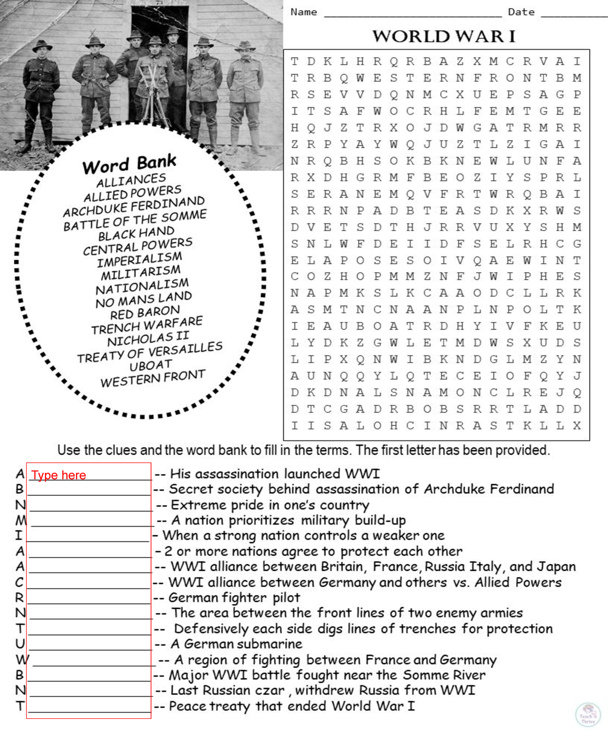 World War I Puzzle: Key Terms and Concepts for TDKLHRQRBAZXMCRVAI - Studocu