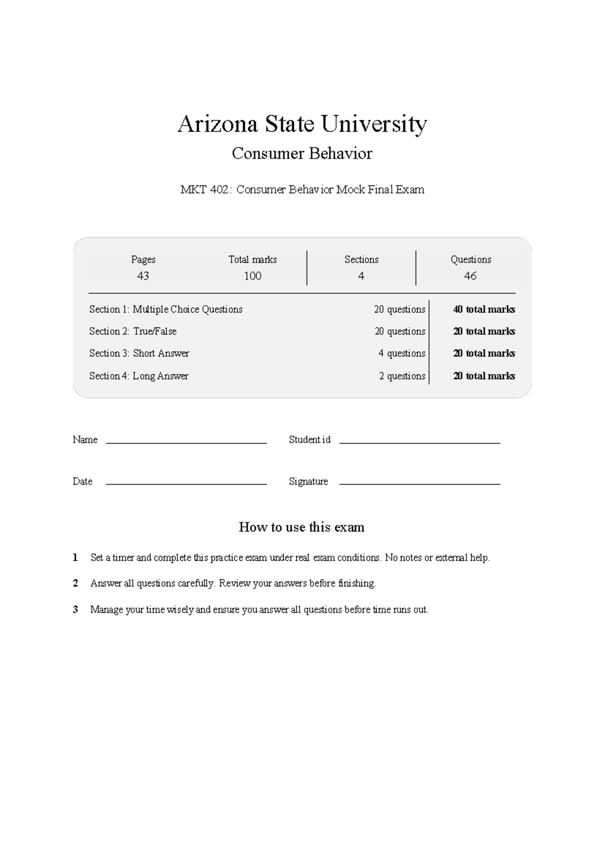 MKT 402: Consumer Behavior ASU Mock Final Exam Practice Test 2026 - Studocu