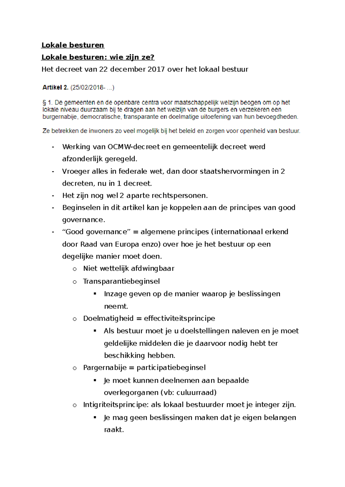 Lokale Besturen: Samenvatting van het Decreet en Hun Werking - Studocu
