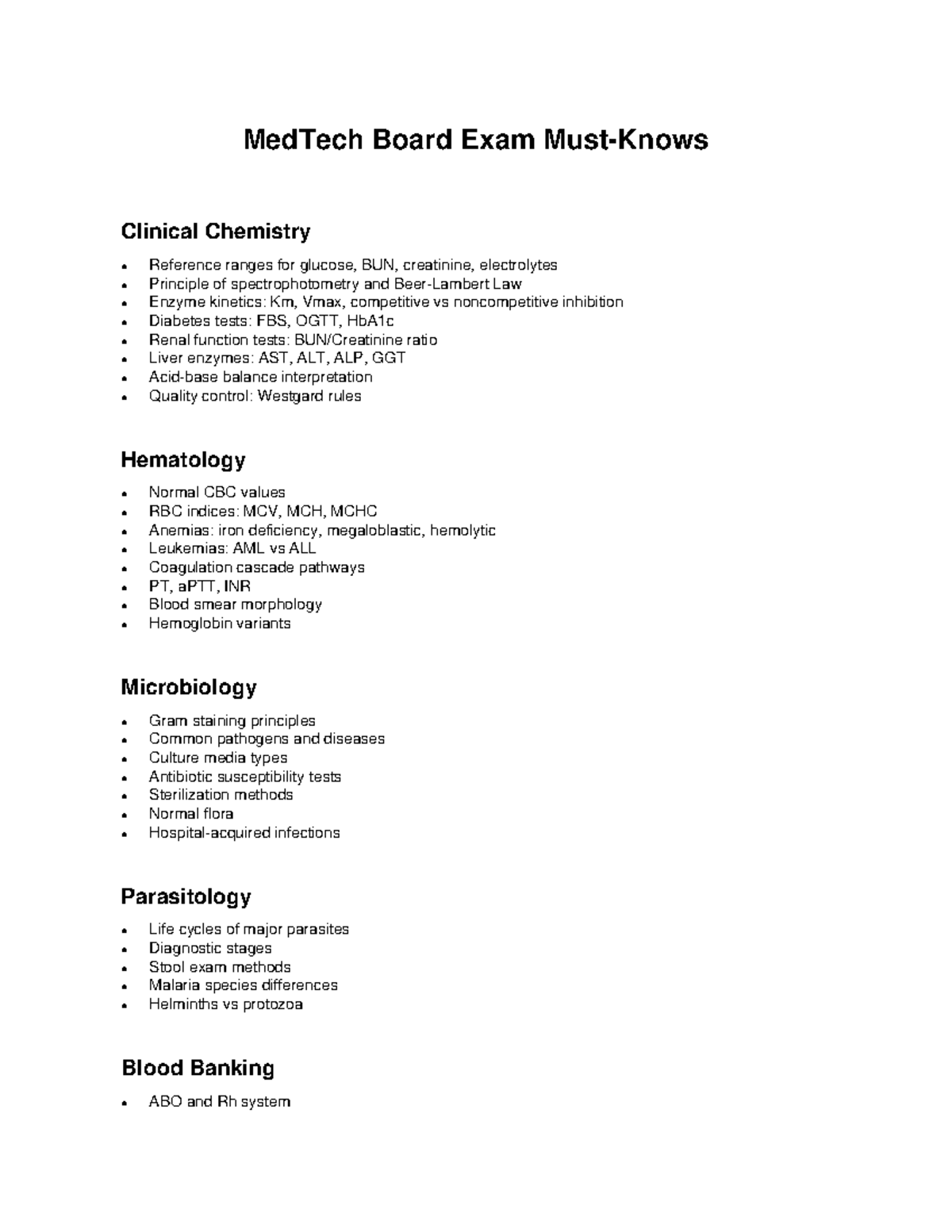MedTech Board Exam: Clinical Chemistry & Hematology Overview - Studocu