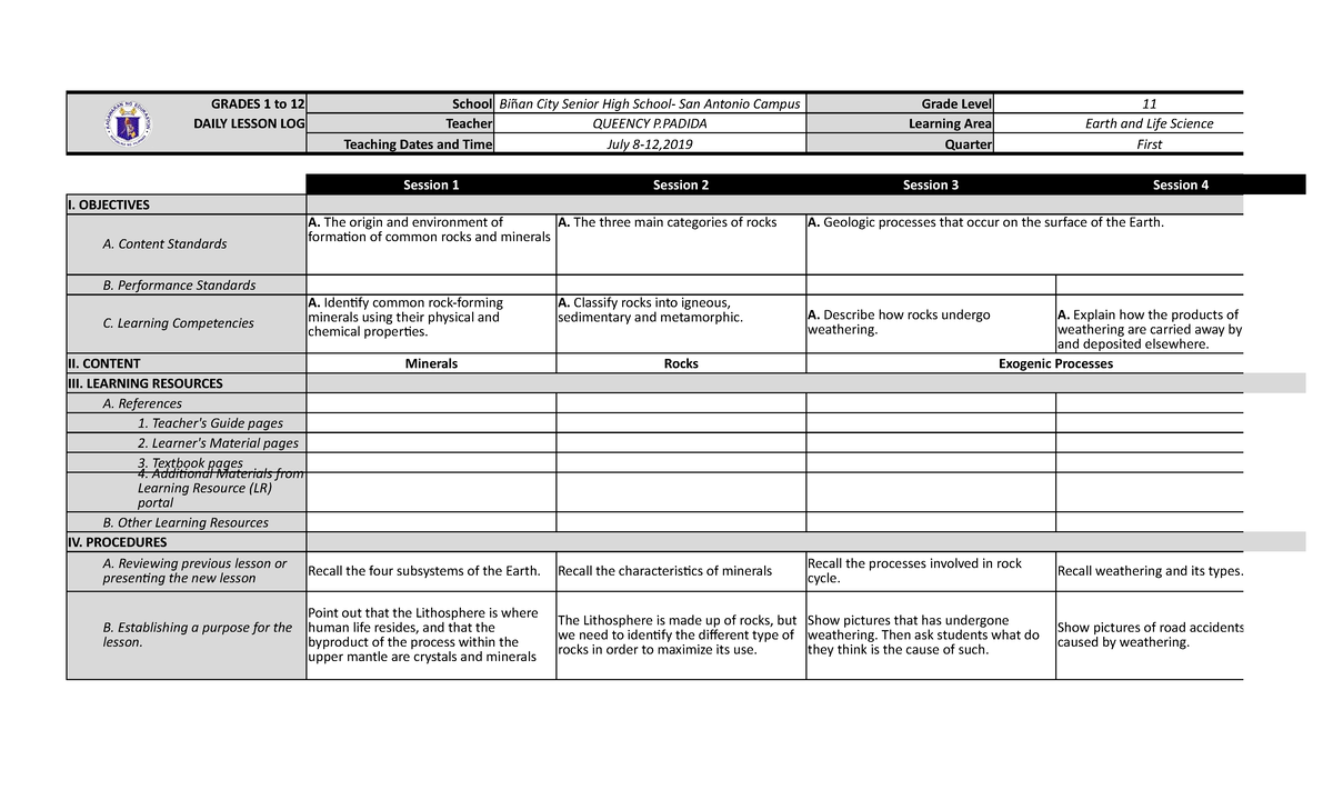 Daily Lesson Log (DLL) for Earth and Life Science - Week 6 - Studocu
