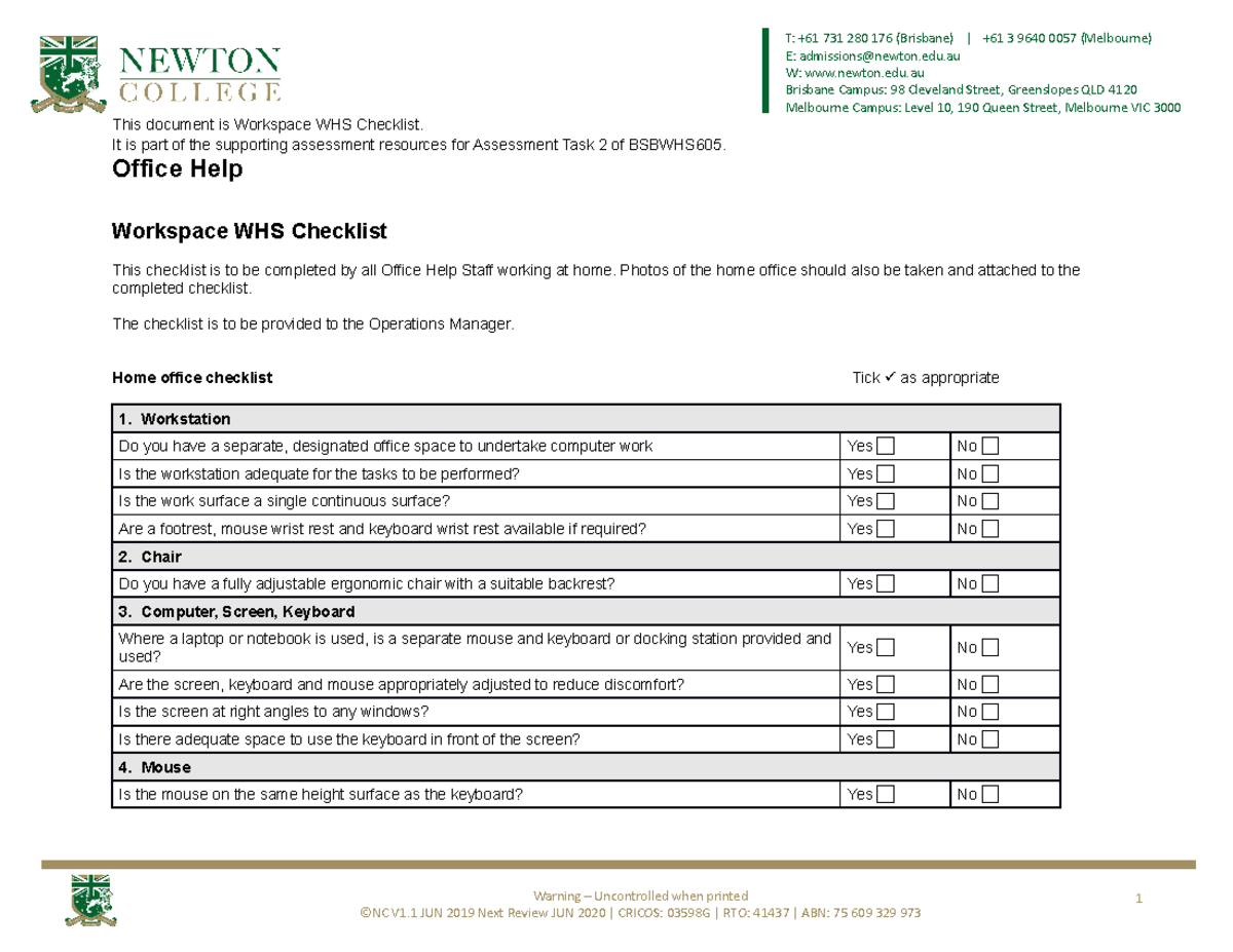 Workspace WHS Checklist - T: +61 731 280 176 (Brisbane) | +61 3 9640 ...