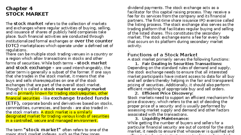 Chapter 4: Stock Market Overview and Functions in Financial Management ...