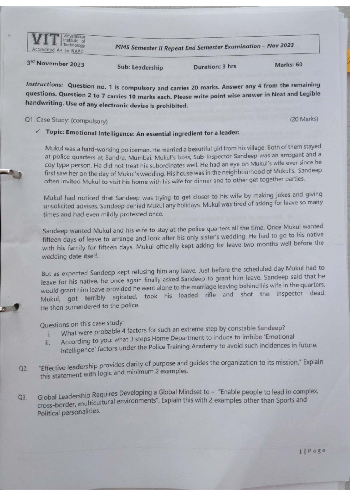 VIT MMS Semester II Leadership Previous Year Exam Paper - Nov 2023 ...