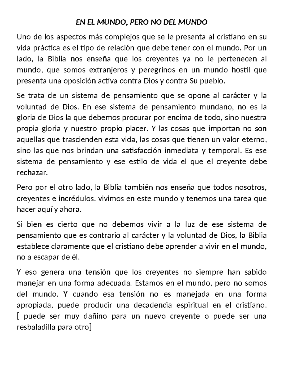 EN EL MUNDO, PERO NO DEL MUNDO: Reflexiones Teológicas (DIEGO) - Studocu