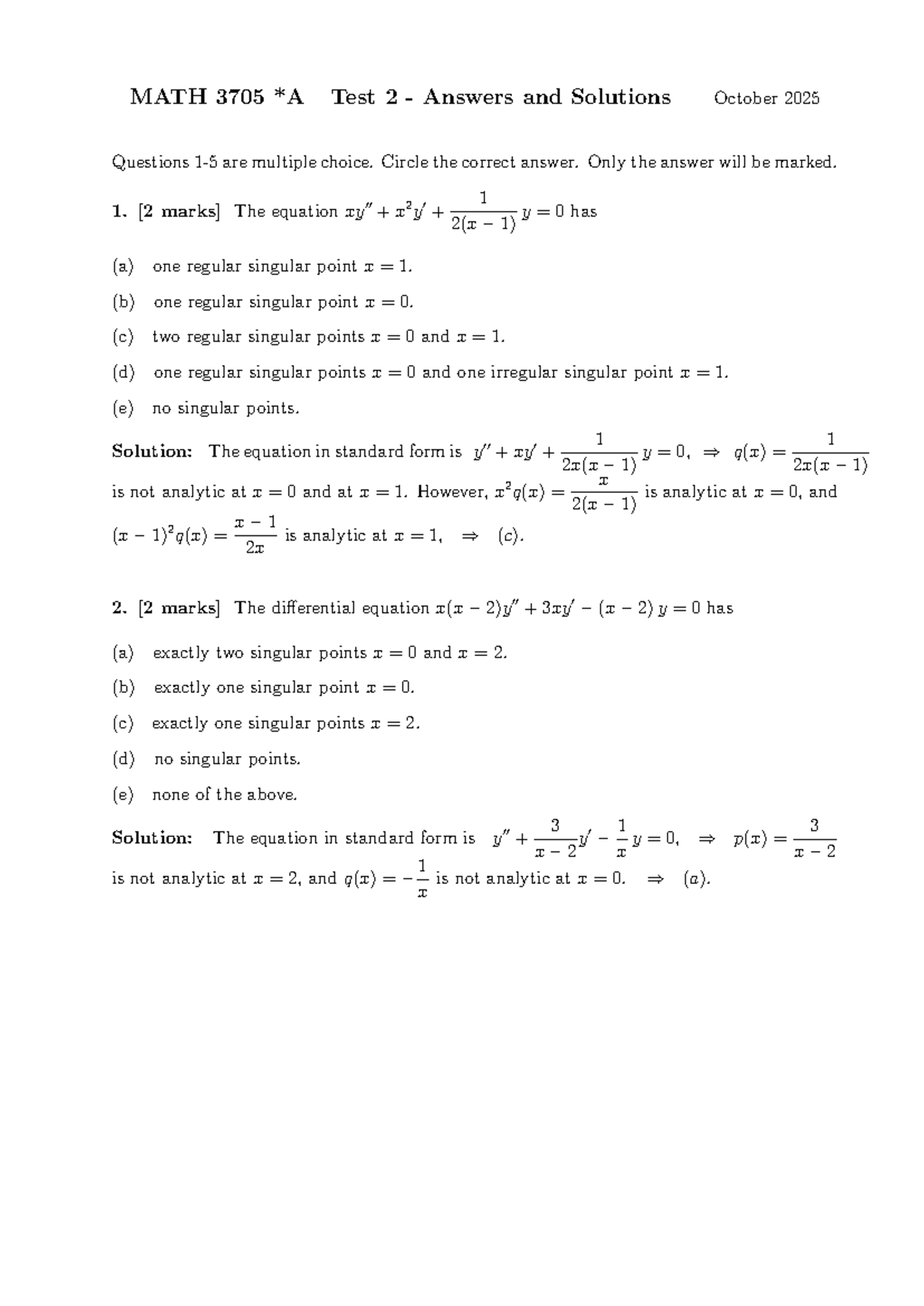MATH 3705 Test 2 Answers & Solutions - October 2025 - Studocu