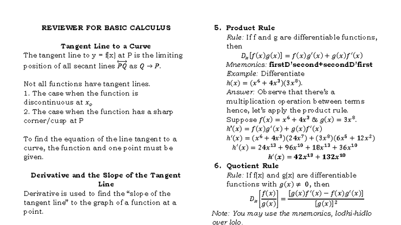 BASIC CALCULUS REVIEWER: DERIVATIVES & TANGENT LINES - Studocu