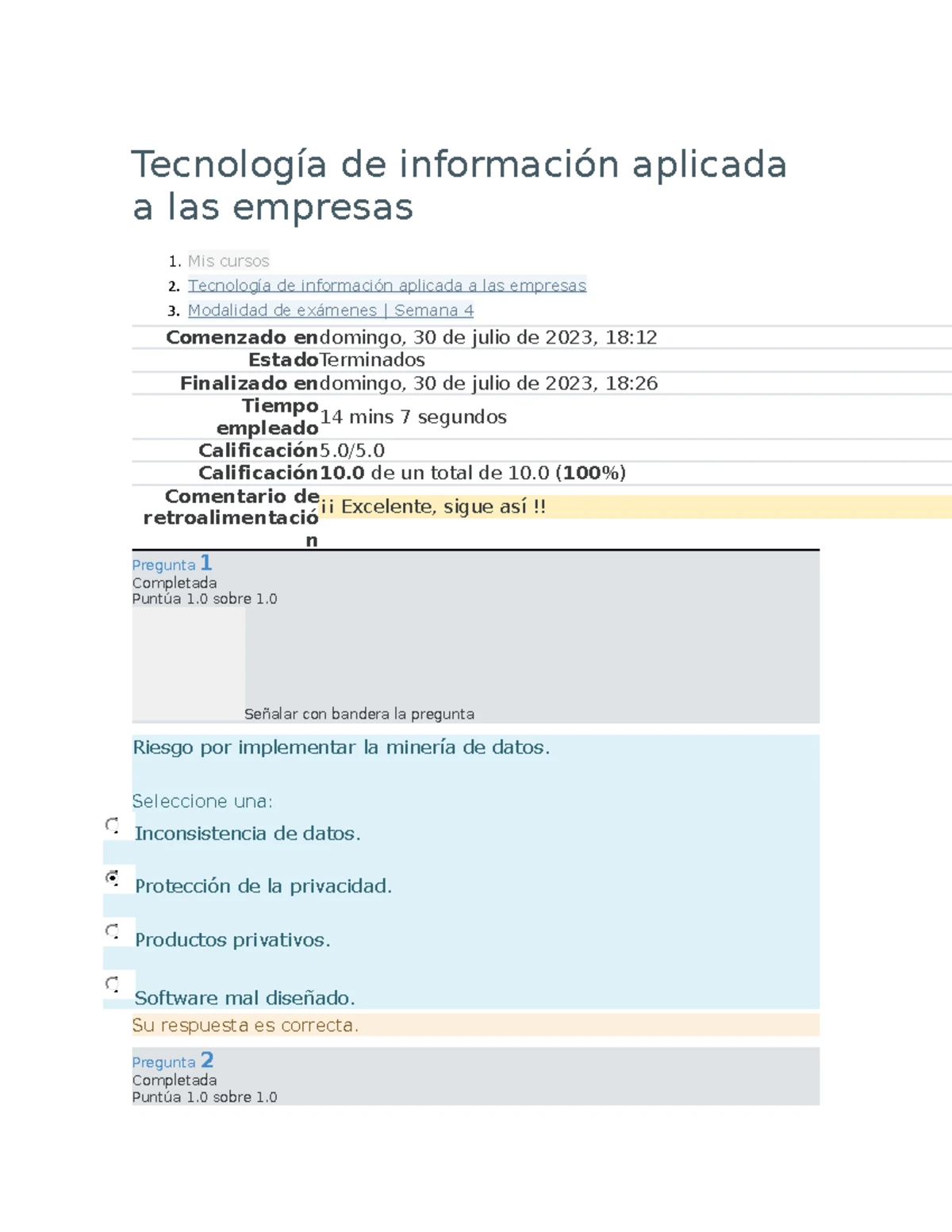 Semana 1 examen Tecnología de información aplicada a las empresas - Tecnología de información ...