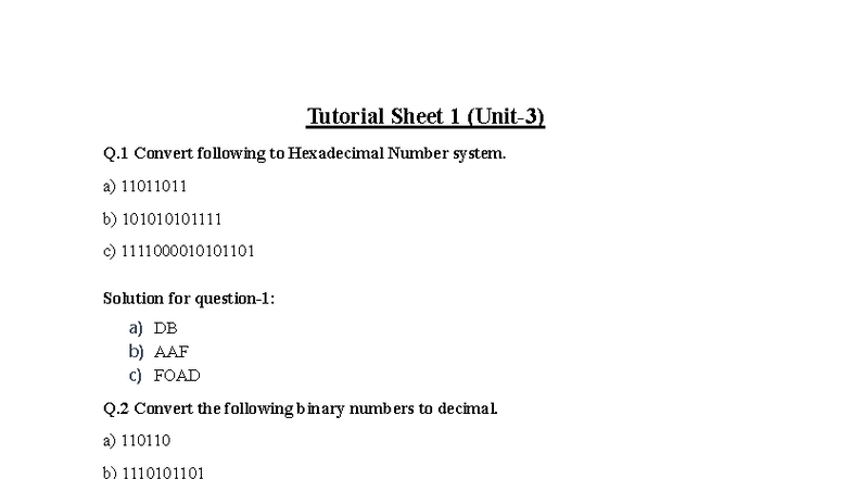 3. Tutorial Sheet - Practice Questions of ECE 249 - Tutorial Sheet 1 (Unit-3) Q Convert ...