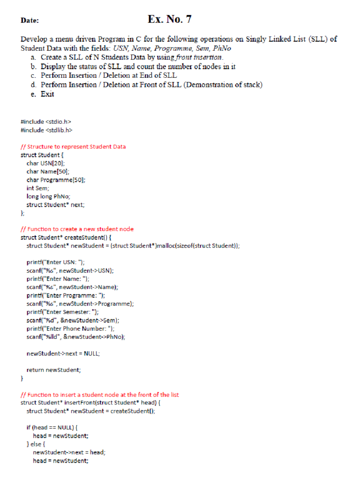 Dsa7 - C Program Functions for Singly Linked List Operations - Studocu