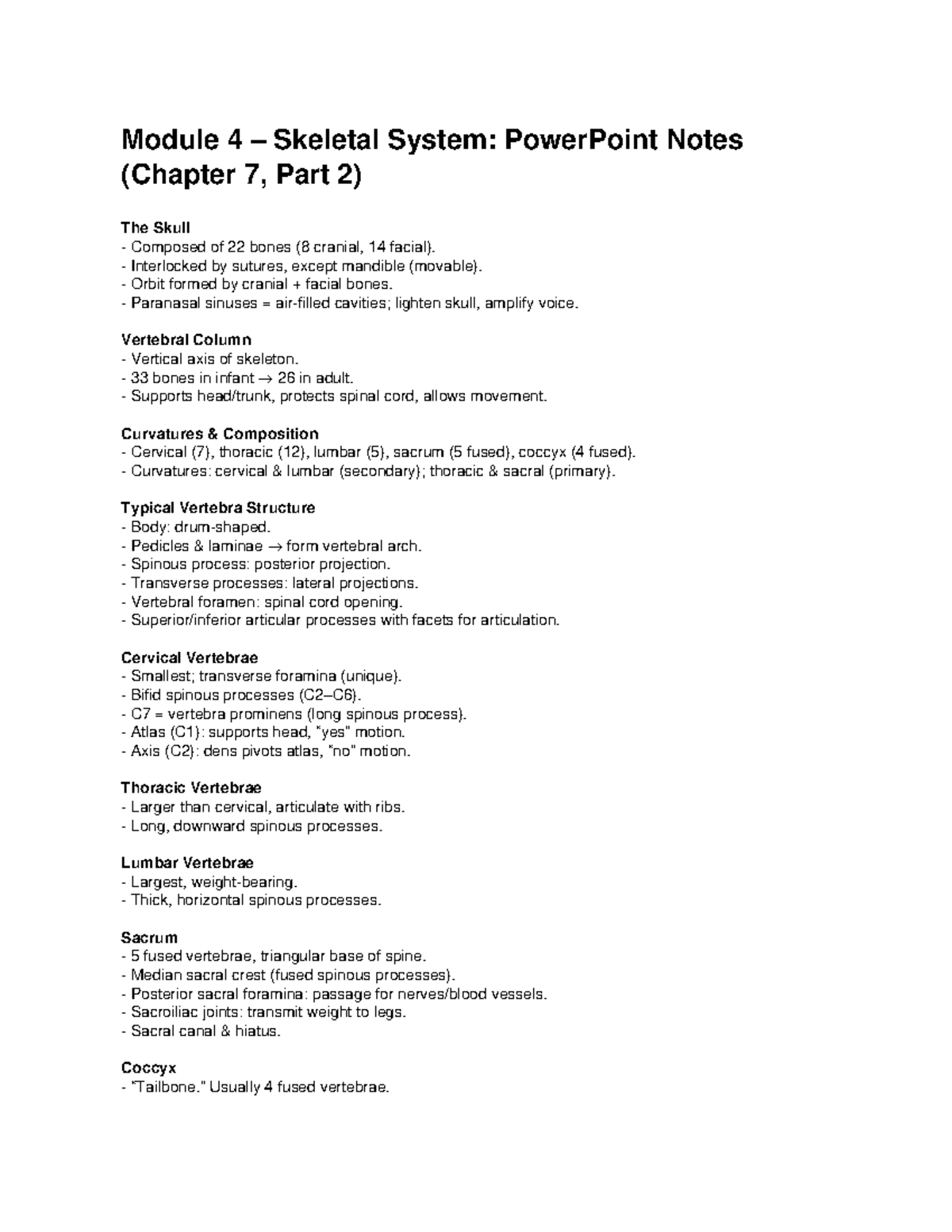 Module 4: Skeletal System PowerPoint Notes (Ch. 7, Pt. 2) - Studocu